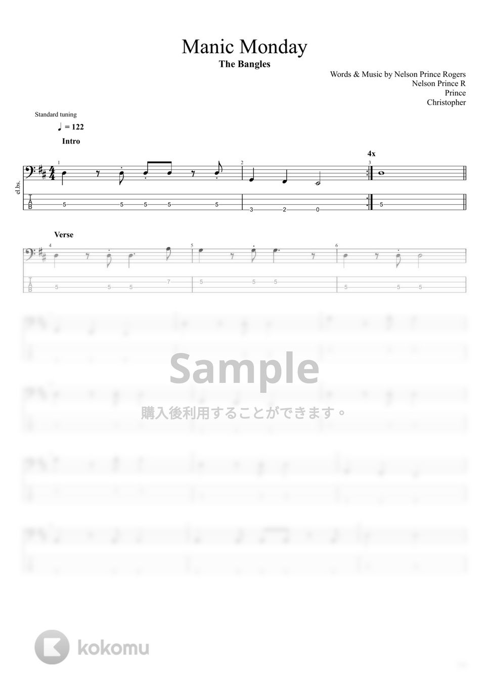 The Bangles - Manic Monday ベースギタータブ+五線譜PDF | まっきん | Kokomu