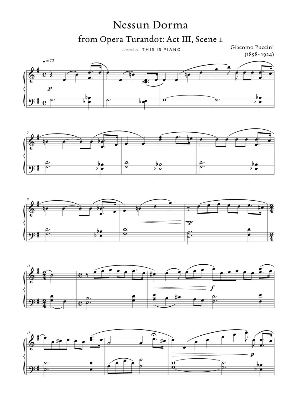 Giacomo Puccini - Nessun Dorma (Opera Turandot, Easy Version) Sheet by THIS IS PIANO