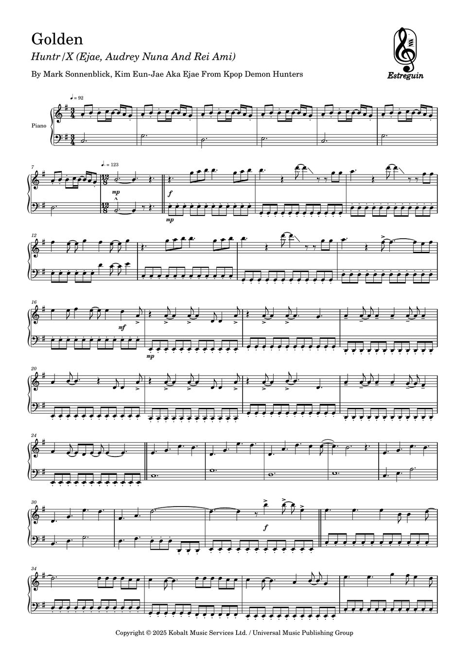 Huntr/x (from KPop Demon Hunters) - Golden (Piano) Sheet Music by Estreguin Digital Sheet Music