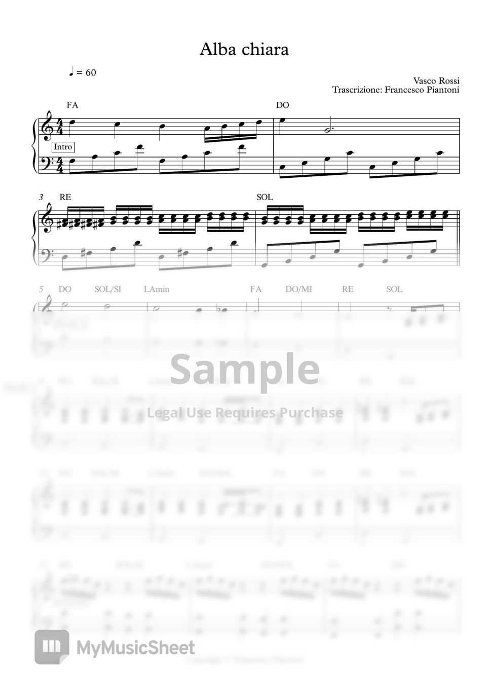 Vasco Rossi - Albachiara (spartito accompagnamento pianoforte) Sheet ...