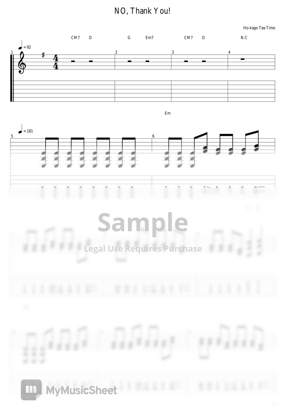 Ho-kago Tea Time - NO, Thank You! Tab + 1staff by guitar cover with tab