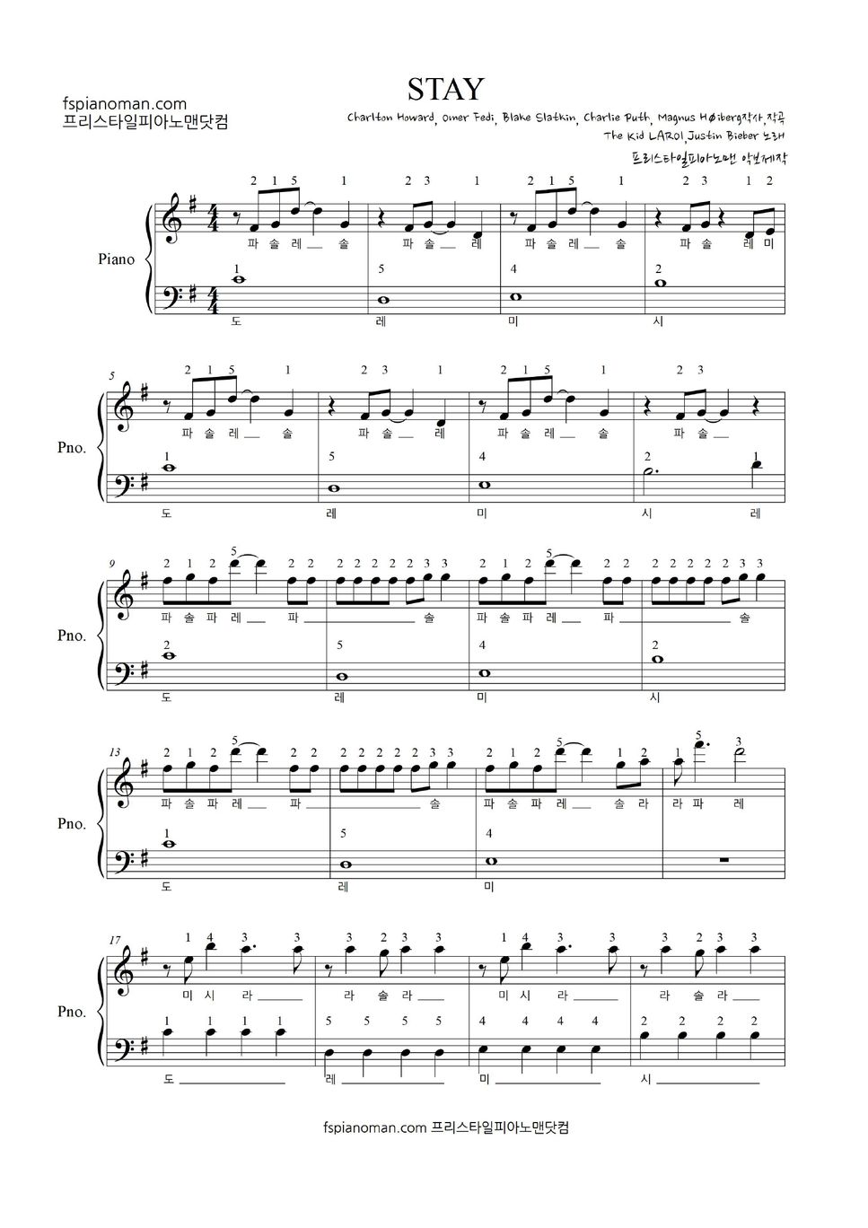 The Kid LAROI, Justin Bieber - STAY (finger numbers) Partition musicale ...