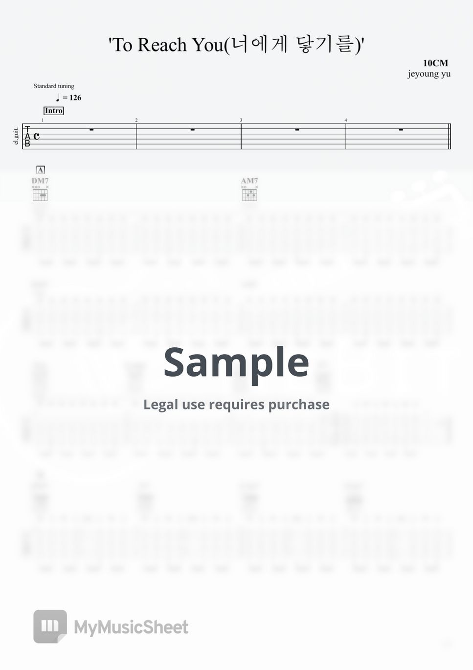 10CM - 『To Reach You(너에게 닿기를)』 (guitar cover) Sheet Music by jeyoung yu