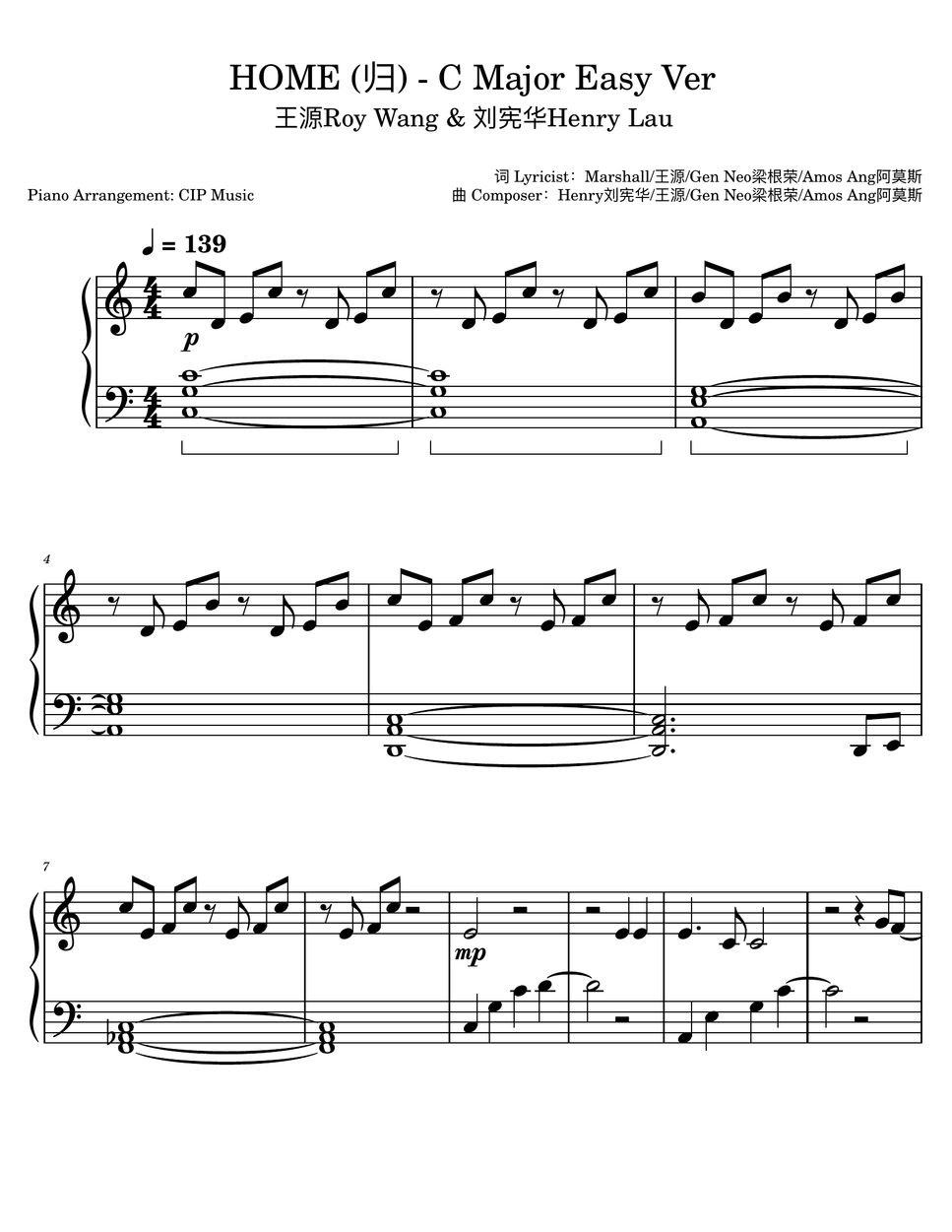 Roy Wang & Henry Lau - HOME (C Major Easy Ver) Notenblatt by CIP Music