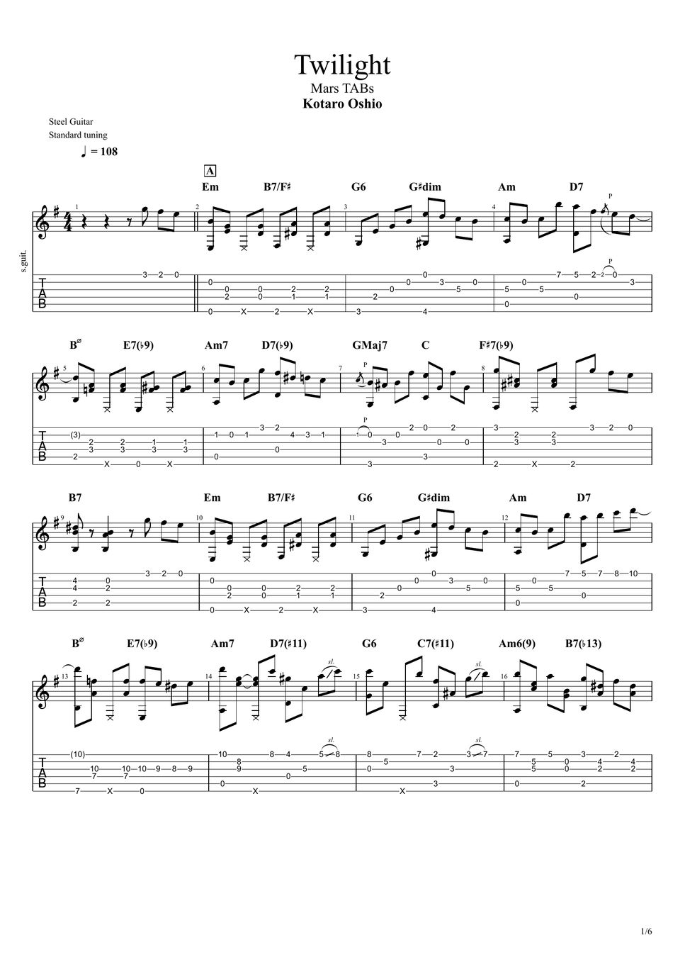 Kotaro Oshio - Twilight (FingerStyle) Tab + 1staff by Mars TABs