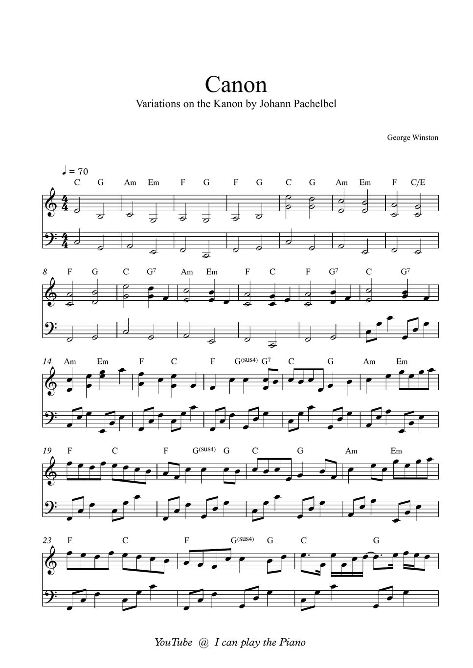 Johann Pachelbel - Canon Piano (George Winston) Partitura by I can play the Piano