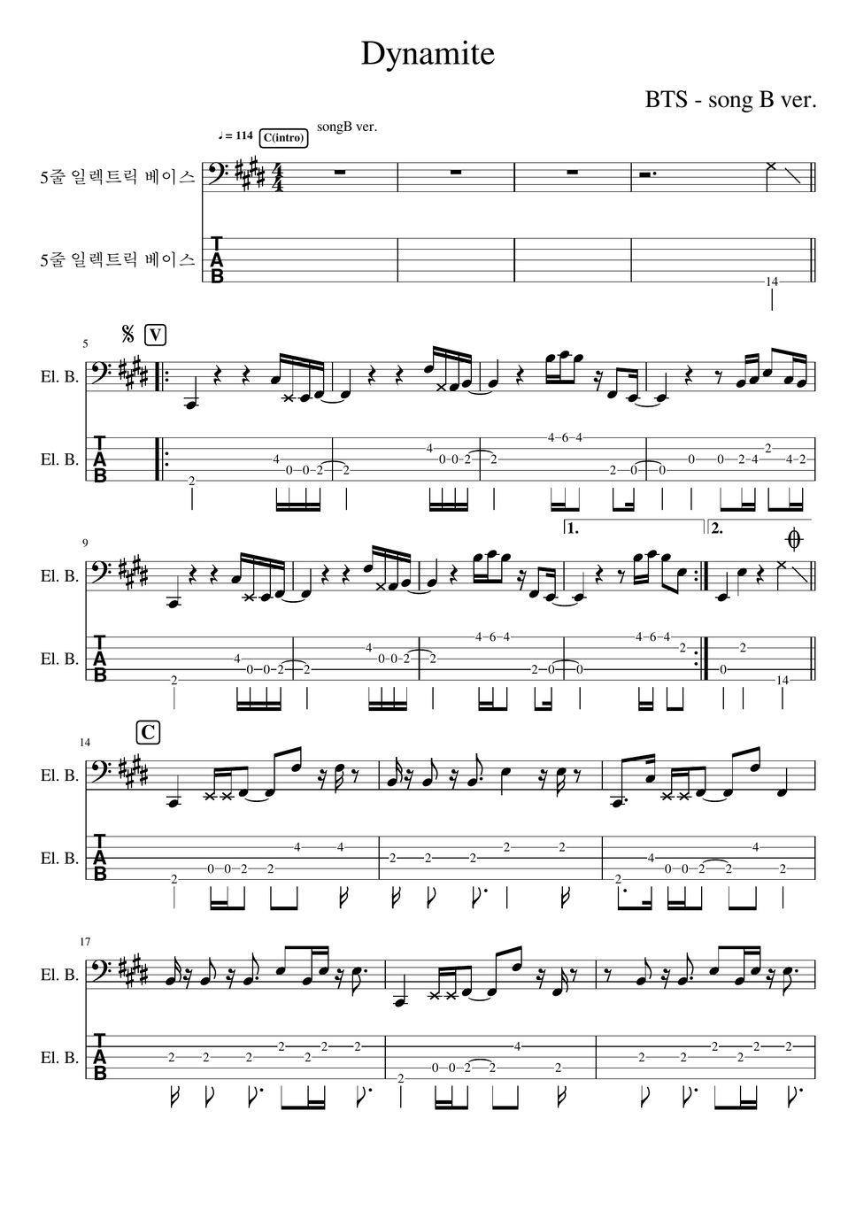 Bts 방탄소년단 Dynamite Bass Copy Sheet Tab 단선 악보 By Songb