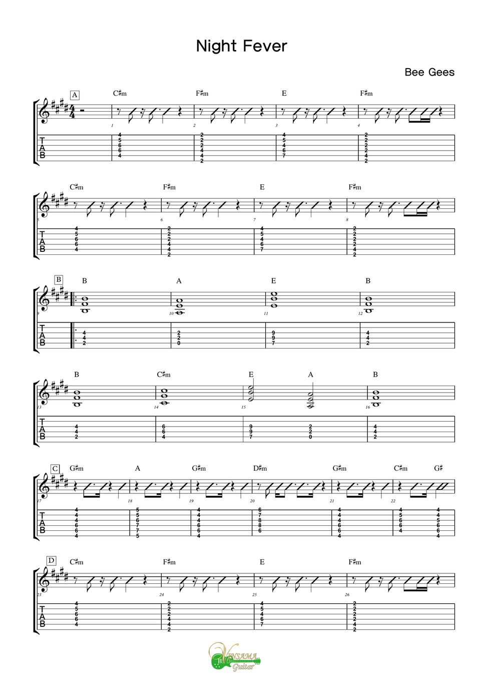 Bee Gees - Night Fever Tab + 1staff by 빈사마기타나라