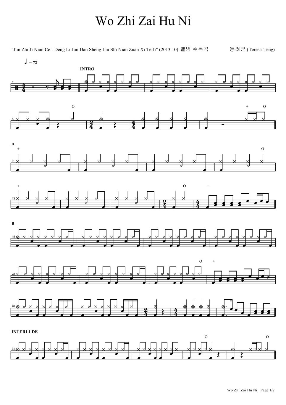 Teresa Teng - Wo Zhi Zai Hu Ni Sheet by COPYDRUM