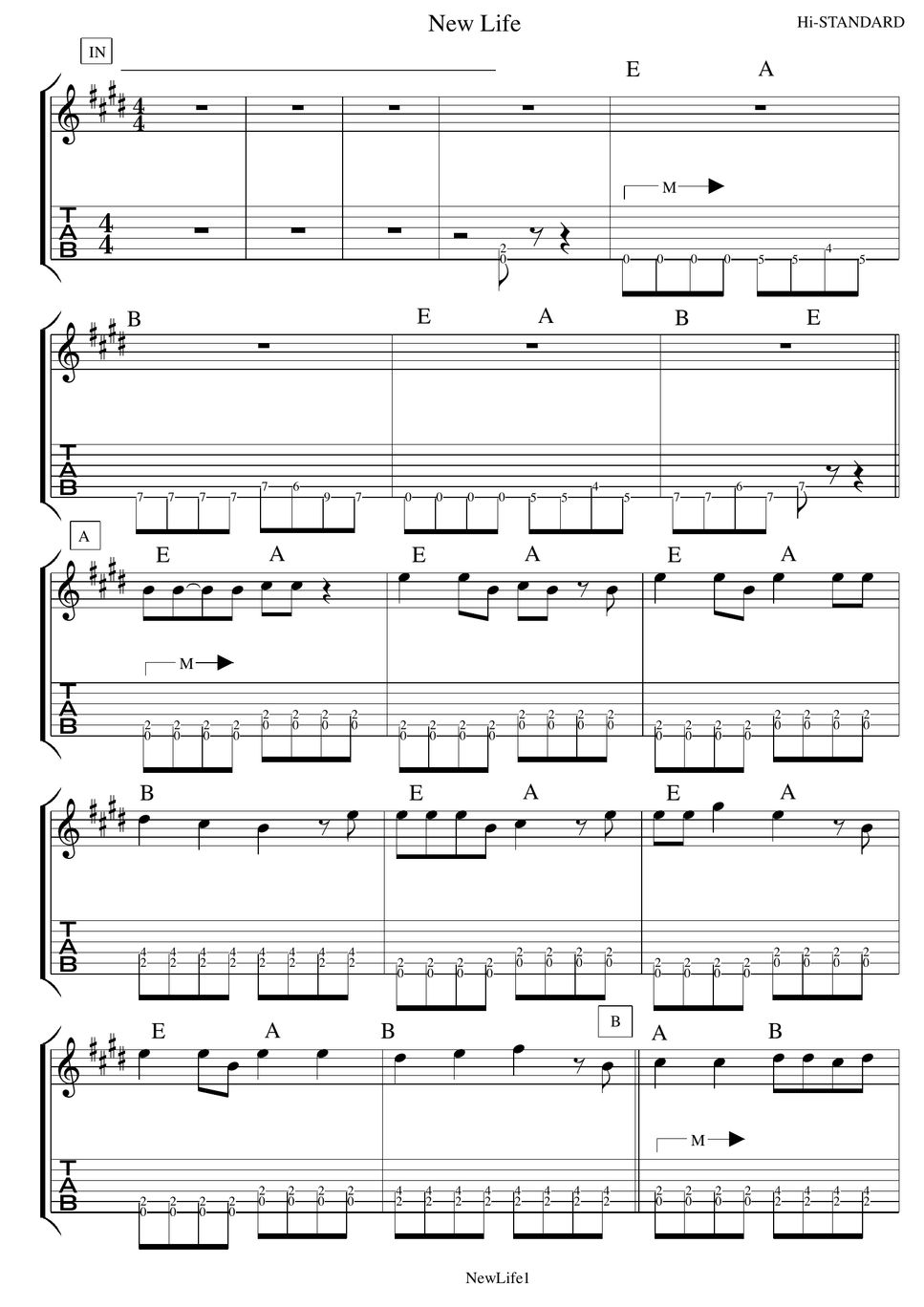 Hi-STANDARD - NewLife ギター演奏動画付TAB譜 タブ + 五線譜 by バイトーン音楽教室