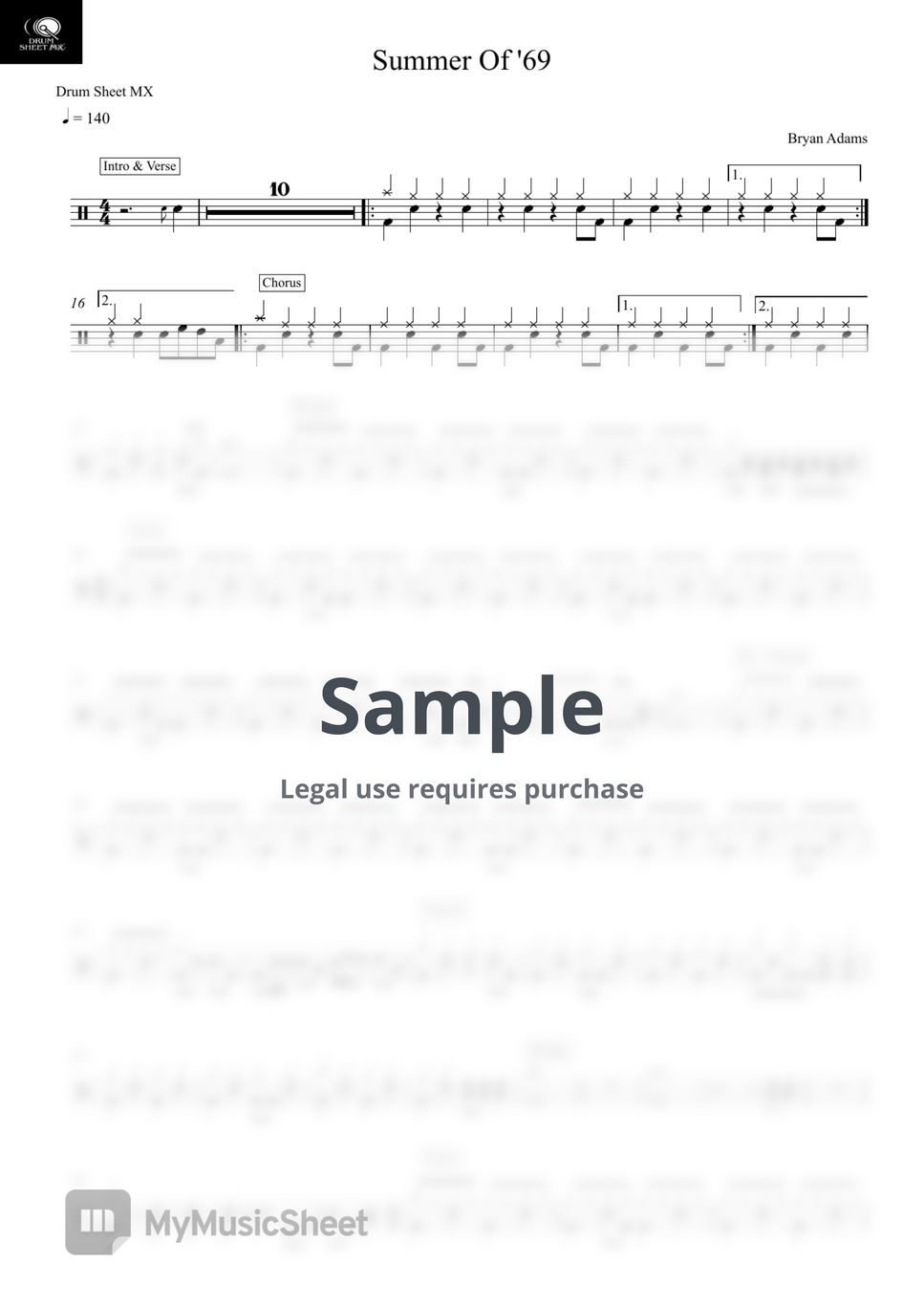 Bryan Adams - Summer Of '69 Sheet Music by Drum Sheet MX