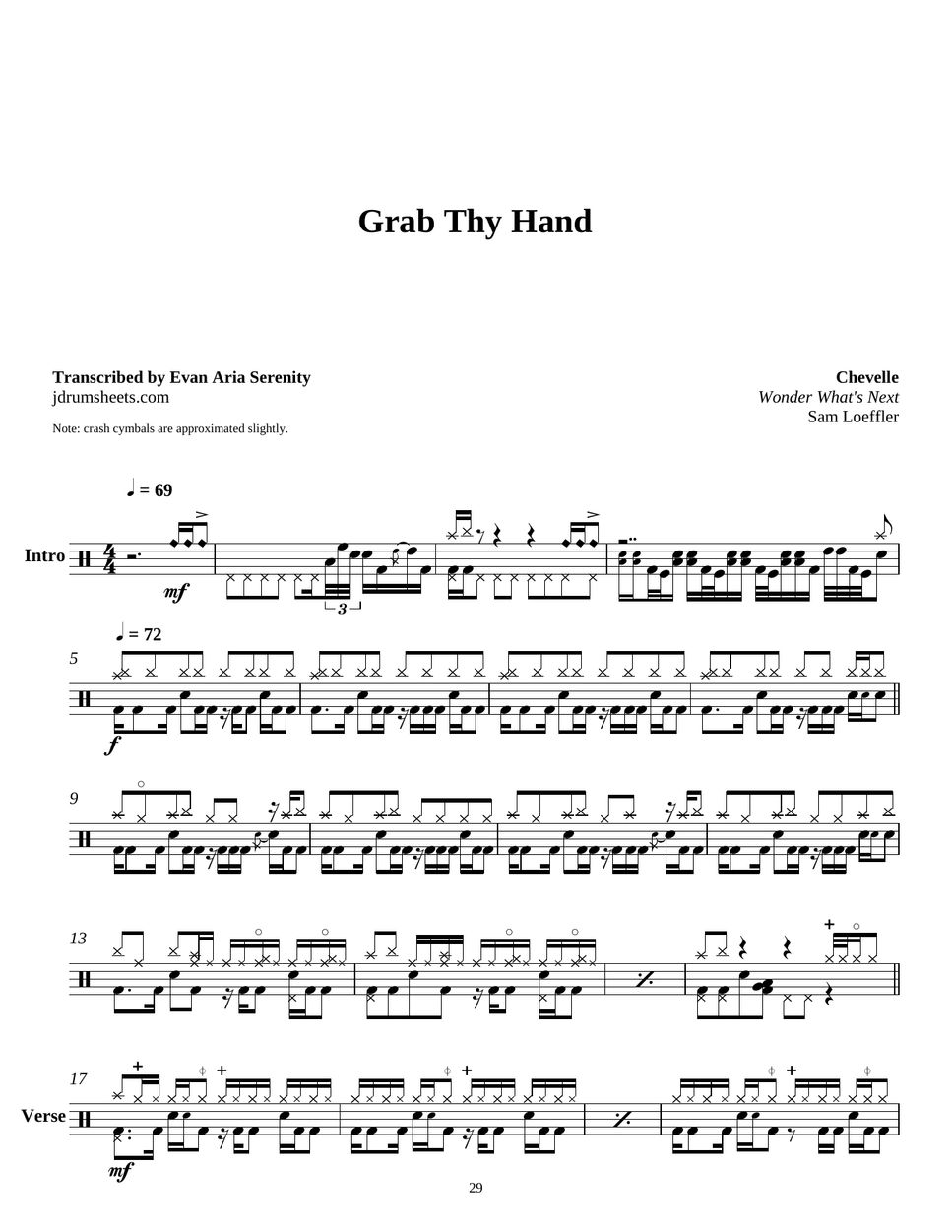 Chevelle - Grab Thy Hand 楽譜 by Jaslow Drum Sheets