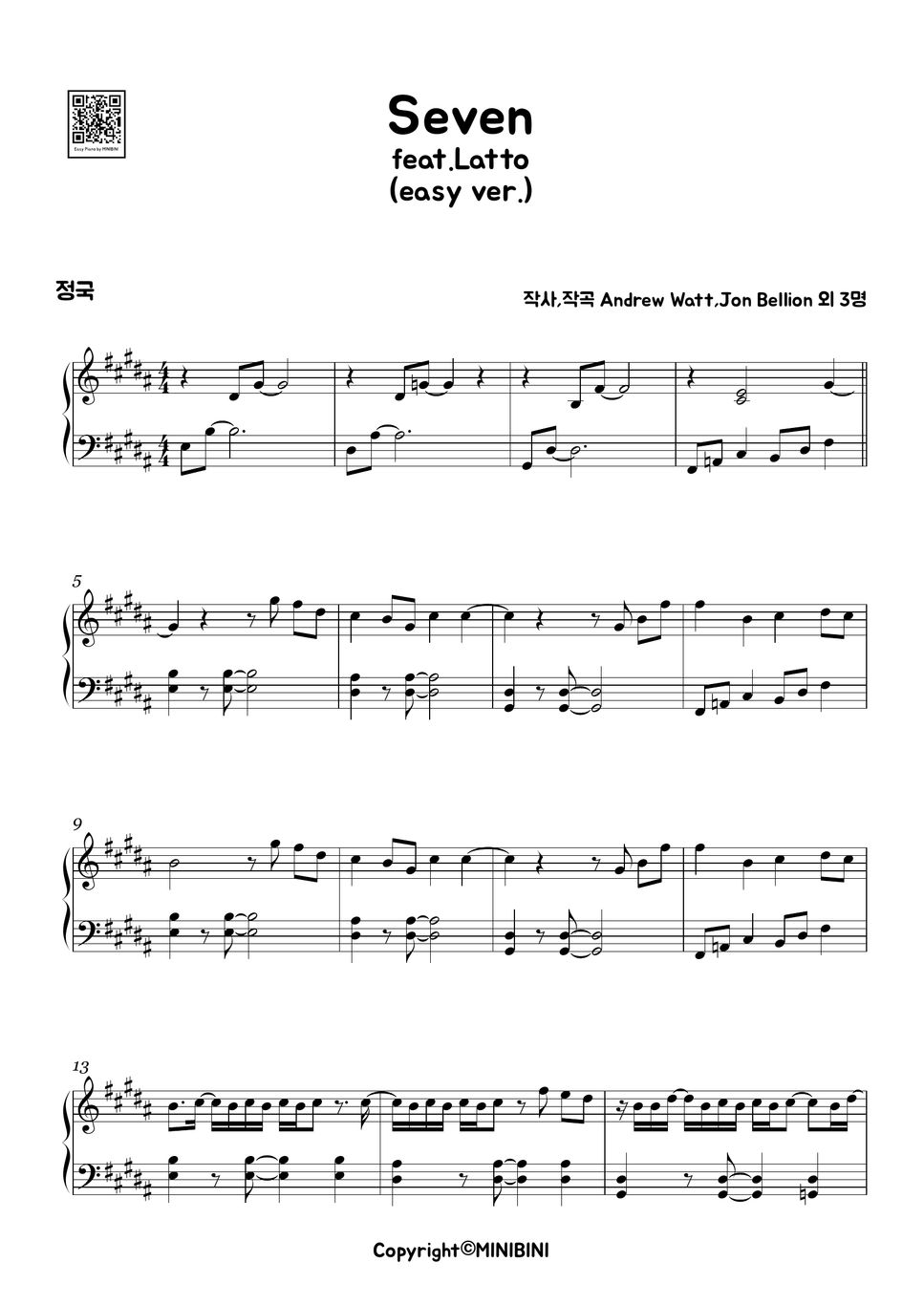 Jung Kook - Seven (Easy Version) Sheets by MINIBINI