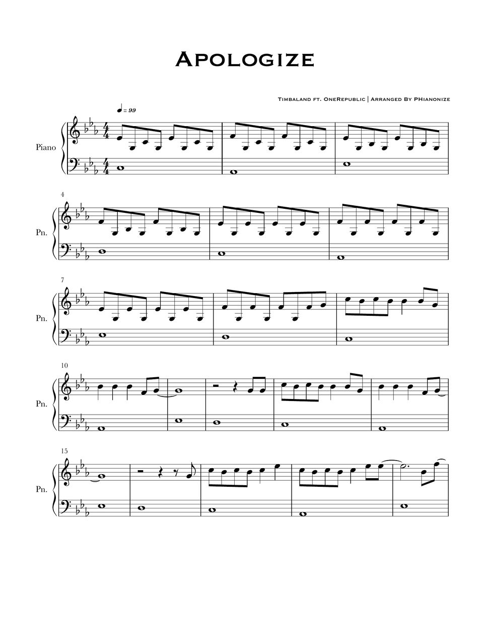 Timbaland ft. OneRepublic - Apologize (Easy) Sheets by PHianonize