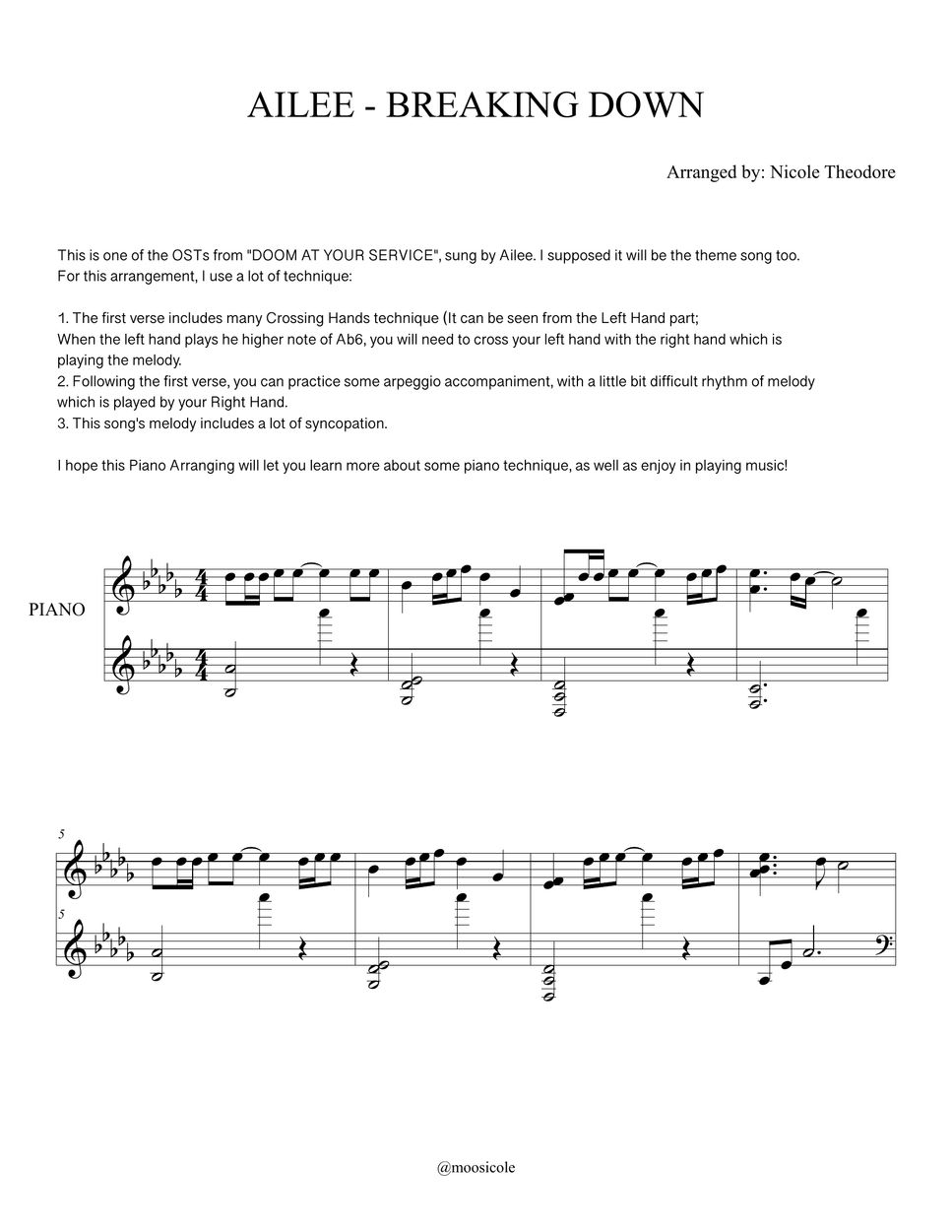 DOOM AT YOUR SERVICE OST - AILEE - BREAKING DOWN Sheet by Nicole Theodore (@moosicole)