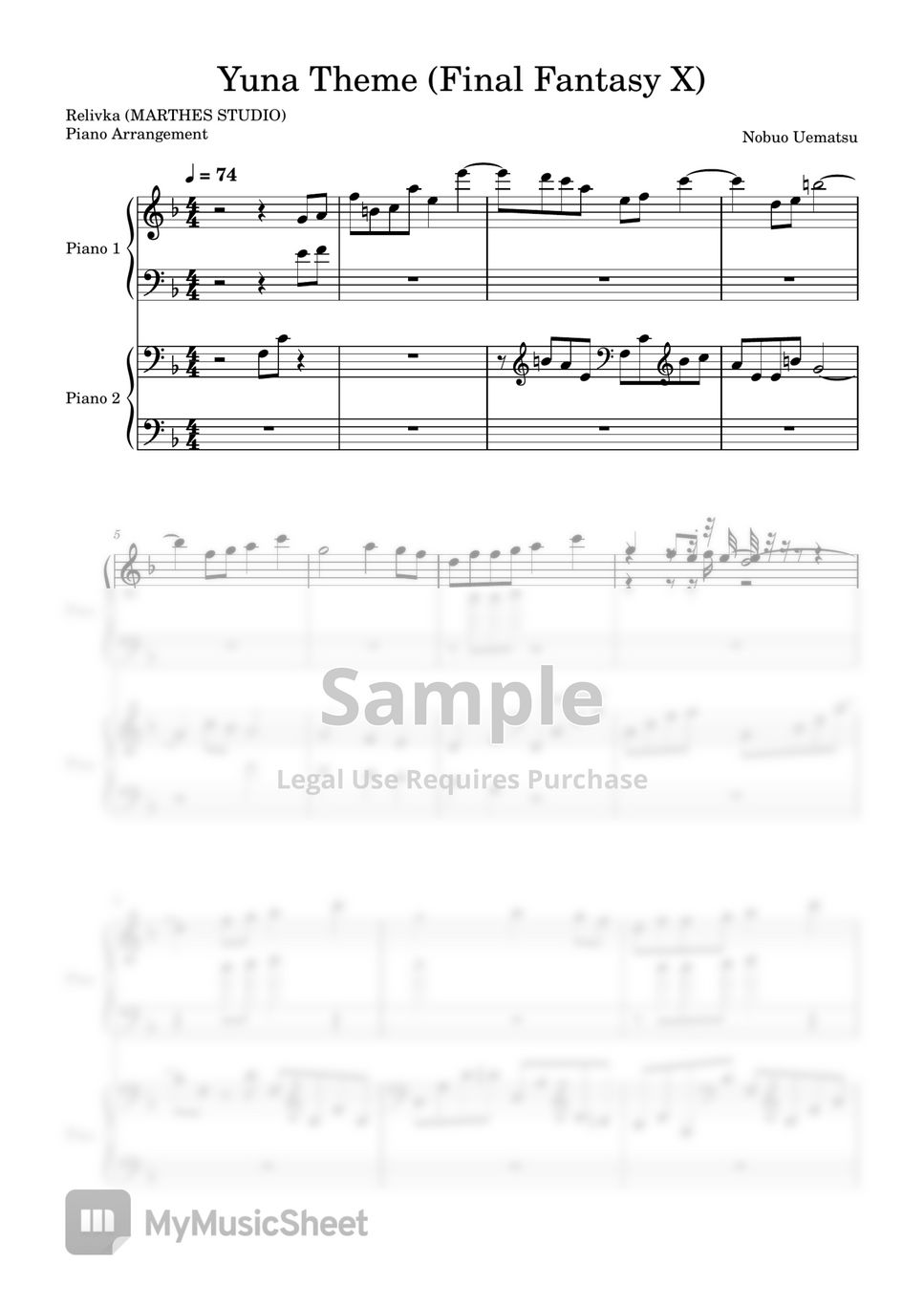 Nobuo Uematsu - FFX Yuna's Theme 악보 by Relivka (MARTHES STUDIO)