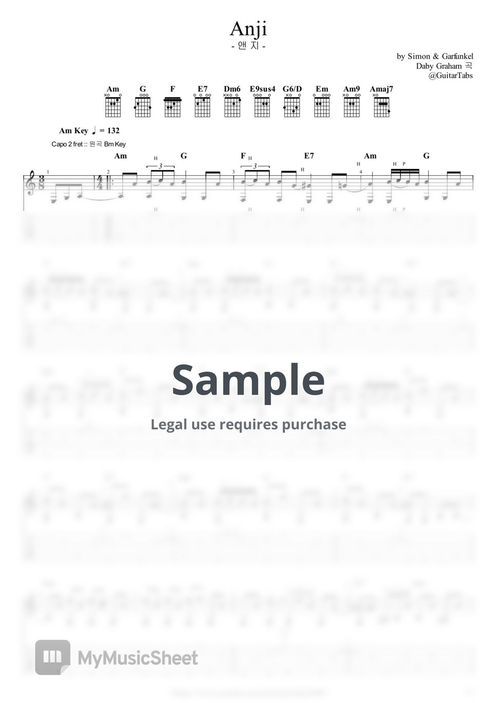 Simon & Garfunkel - Anji (오선+타브+코드(Staff+TAB+Chords)) TAB+1 Staff by ...