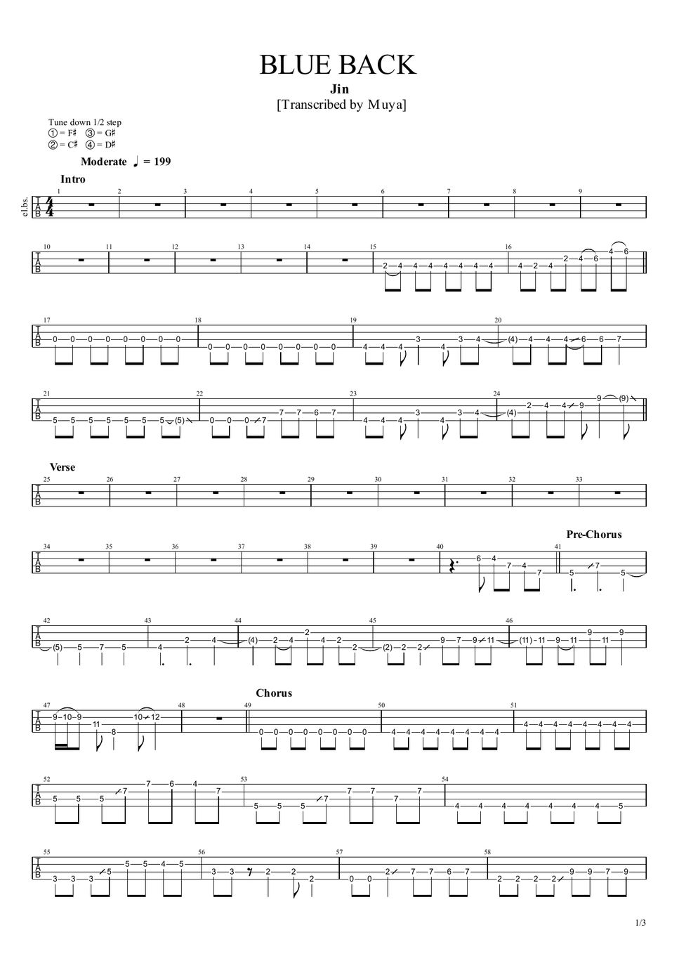 Jin - BLUE BACK (Bass TAB) Sheets by Muya