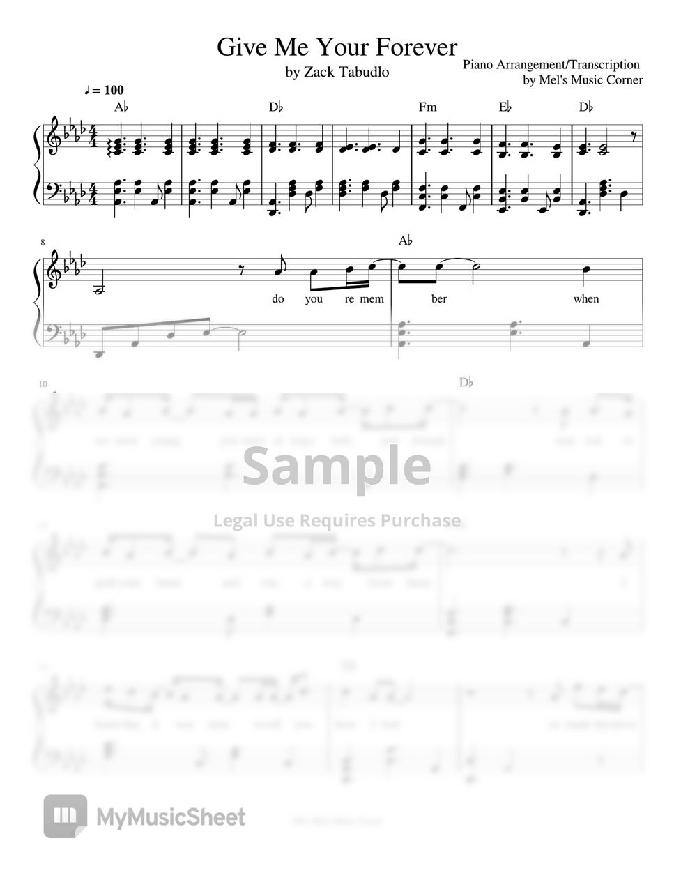 Zack Tabudlo - Give Me Your Forever (piano sheet music) 악보 by Mel's Music Corner