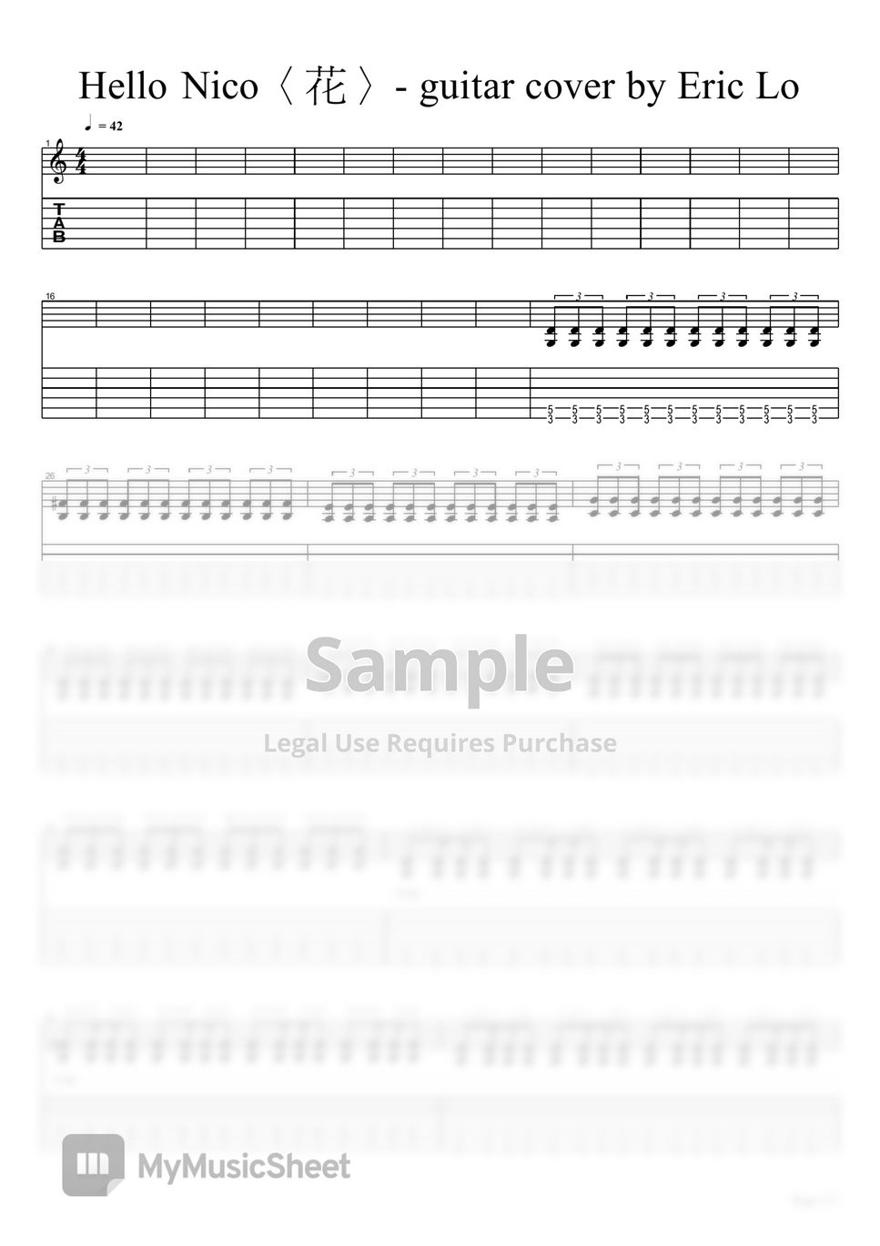 Hello Nico - 花 guitar cover Tab + 1staff by eric lo