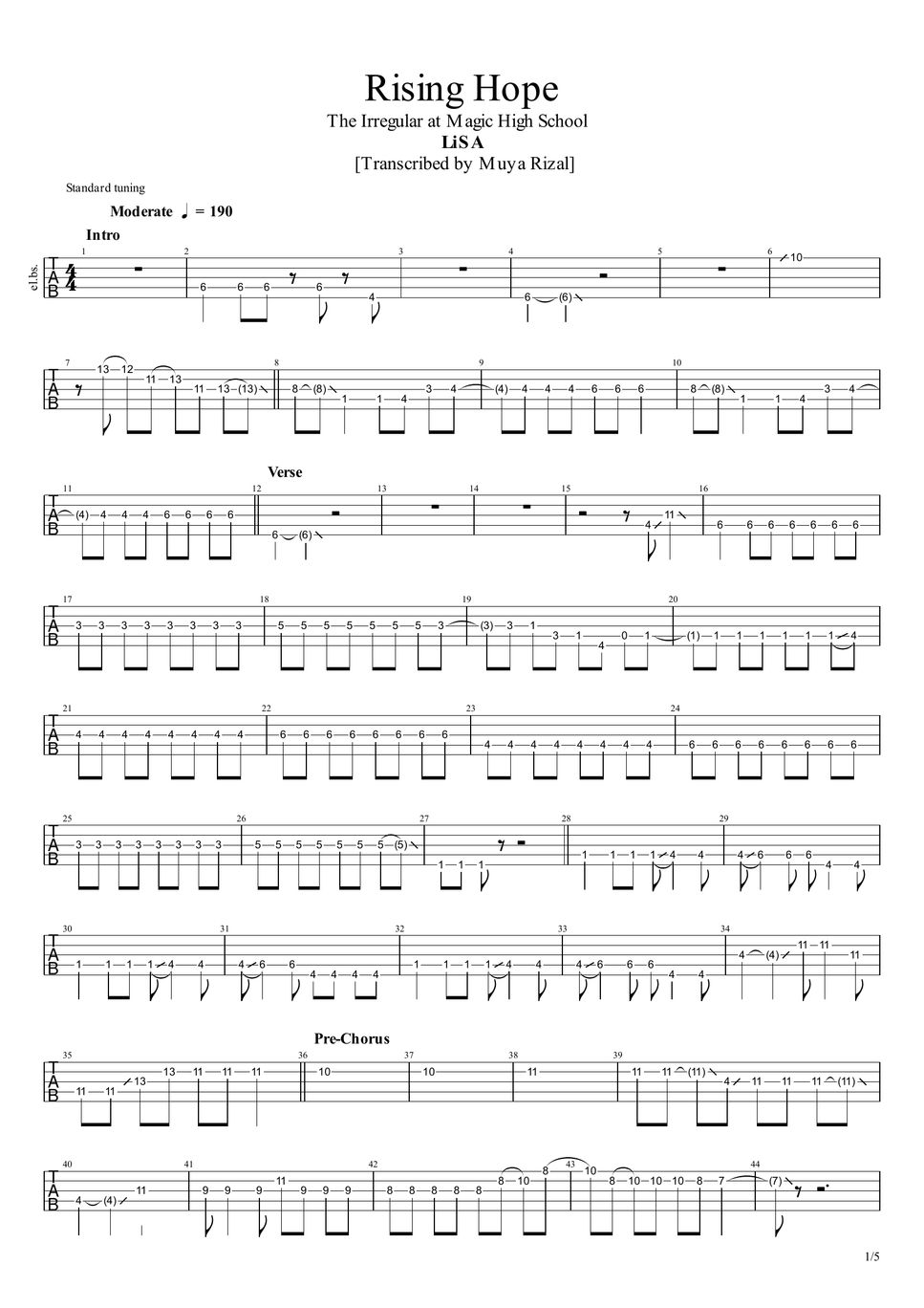LiSA - Rising Hope (Bass TAB) Sheet Music by Muya