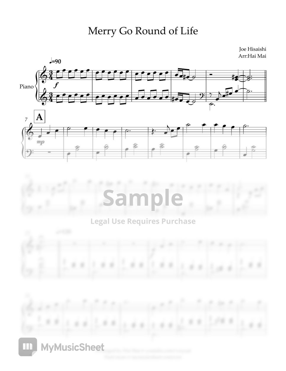 Joe Hisaishi Merry Go Round Of Life A Minor Easy Piano Sheets By
