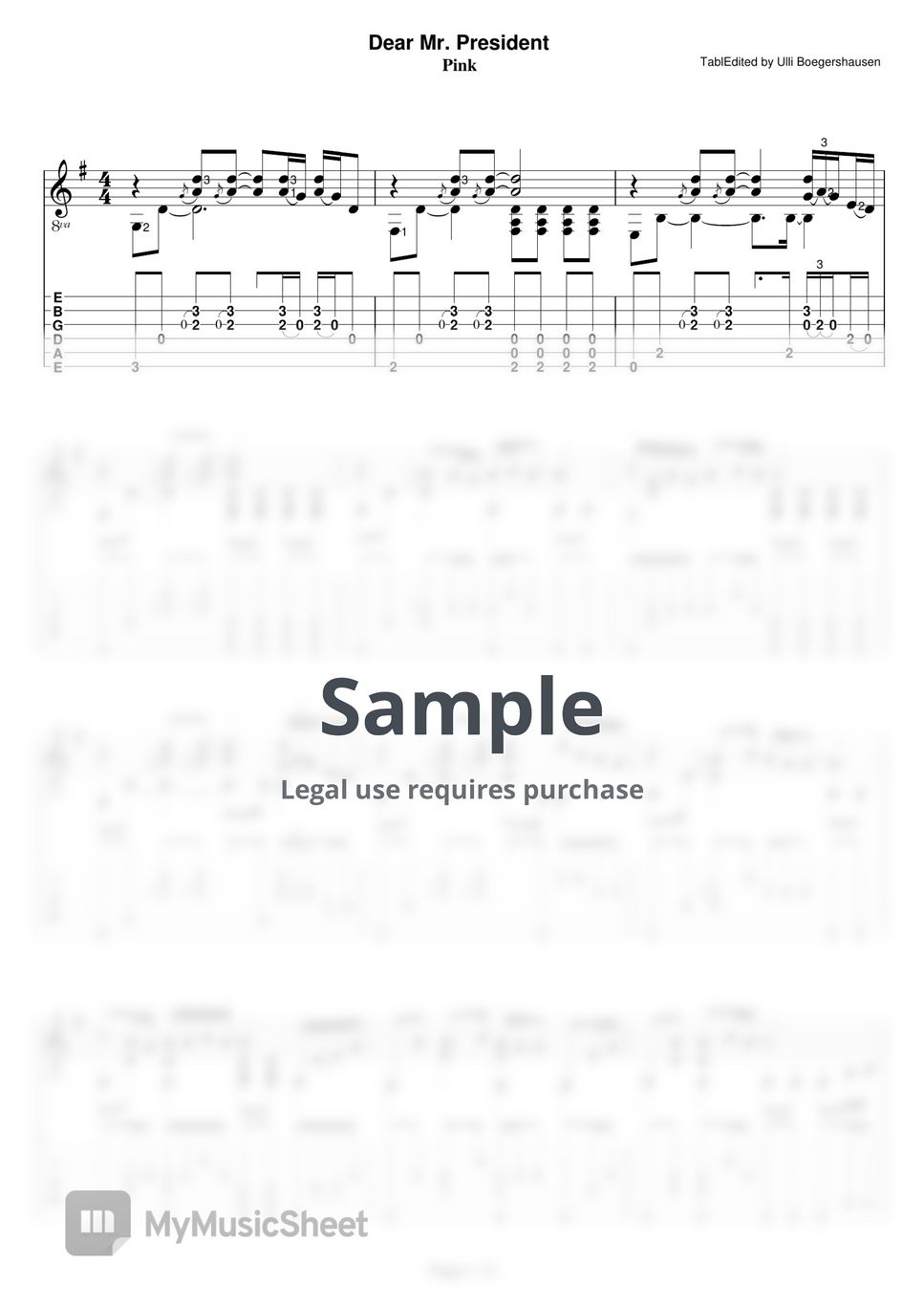 Pink - Dear Mr. President (fingerstyle guitar) Sheets by Ulli Boegershausen