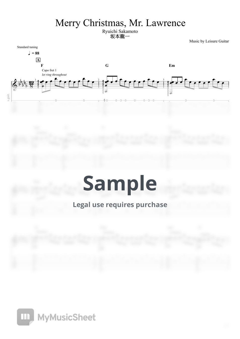 Ryuichi Sakamoto - Merry Christmas, Mr. Lawrence Sheet Music by Leisure ...