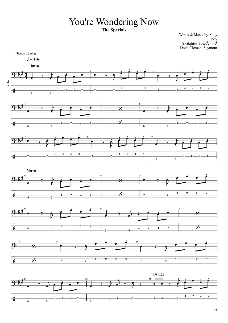 The Specials - You're Wondering Now タブ + 五線譜 by まっきん