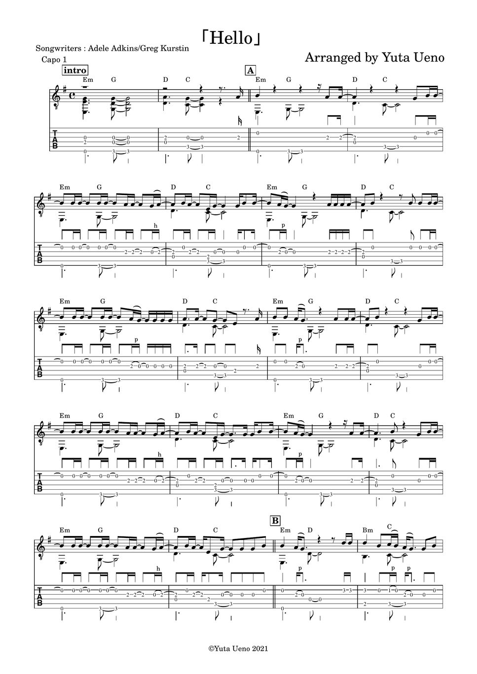 Adele - Hello (Fingerstyle) Tab + 1staff by Yuta Ueno