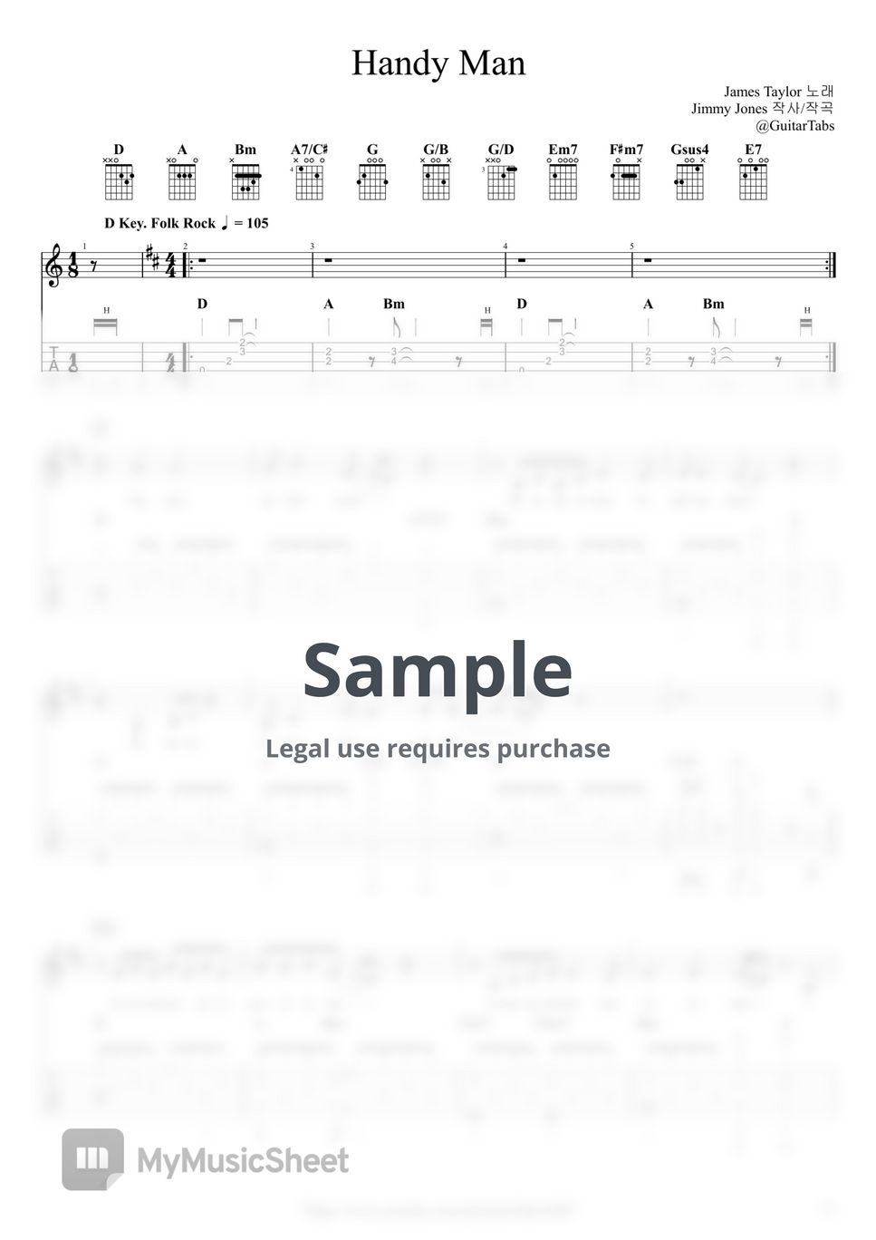 James Taylor - Handy Man (D Key / Easy TAB / Lyrics) Sheets by 624 TABs