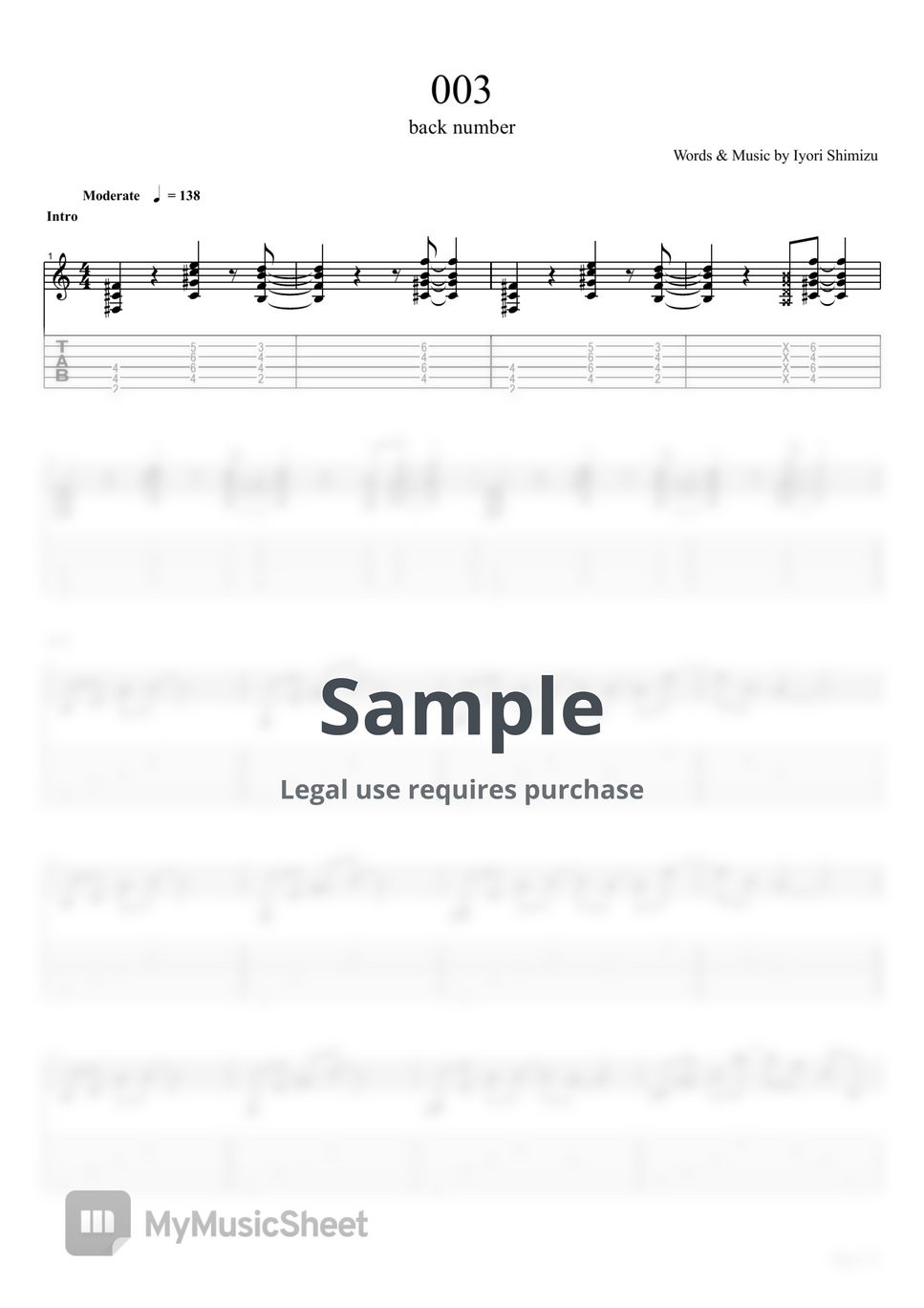 back number - 003【ギターTAB / リード＆バッキング両パートセット】 樂譜 + 單線譜 by HachimitsuYoghourt