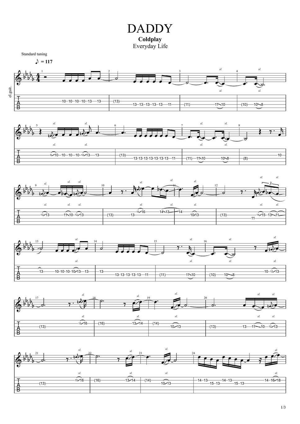 Coldplay - Daddy Electric Guitar Cover Sheets by Hyeon