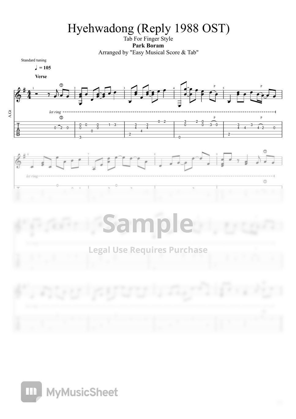 Reply 1988 OST - Hyehwadong (Reply 1988 OST) Easy Finger Style Tab Tab + 단선 악보 by EMST