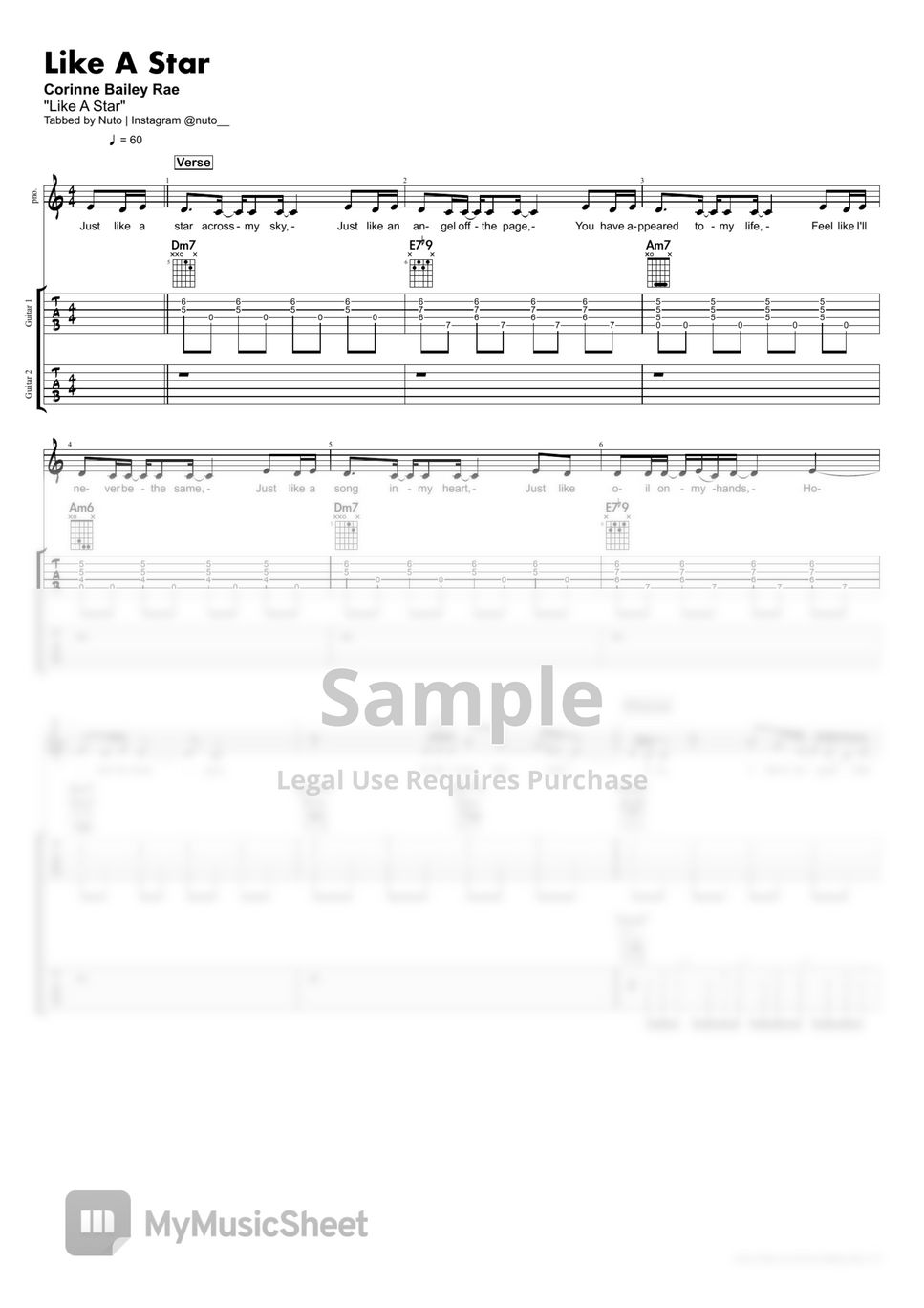 Corinne Bailey Rae - Like A Star (어쿠스틱 기타 악보 및 보컬 멜로디) Sheet Music by Nuto