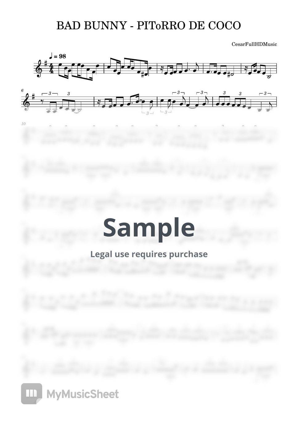 BAD BUNNY - PIToRRO DE COCO Sheet Music