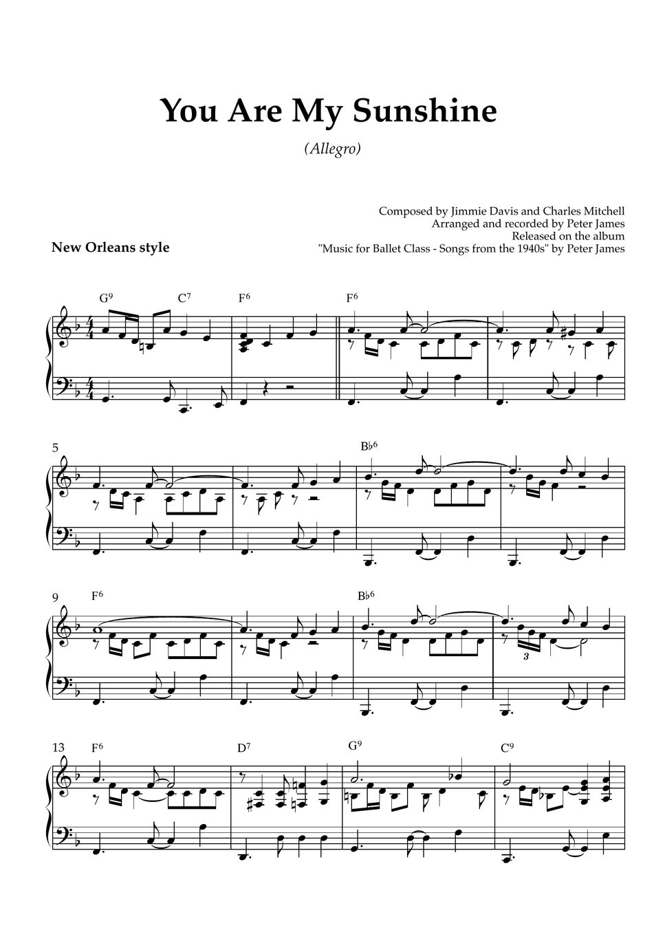 Jimmie Davis, Charles Mitchell - You Are My Sunshine 악보 by Peter James