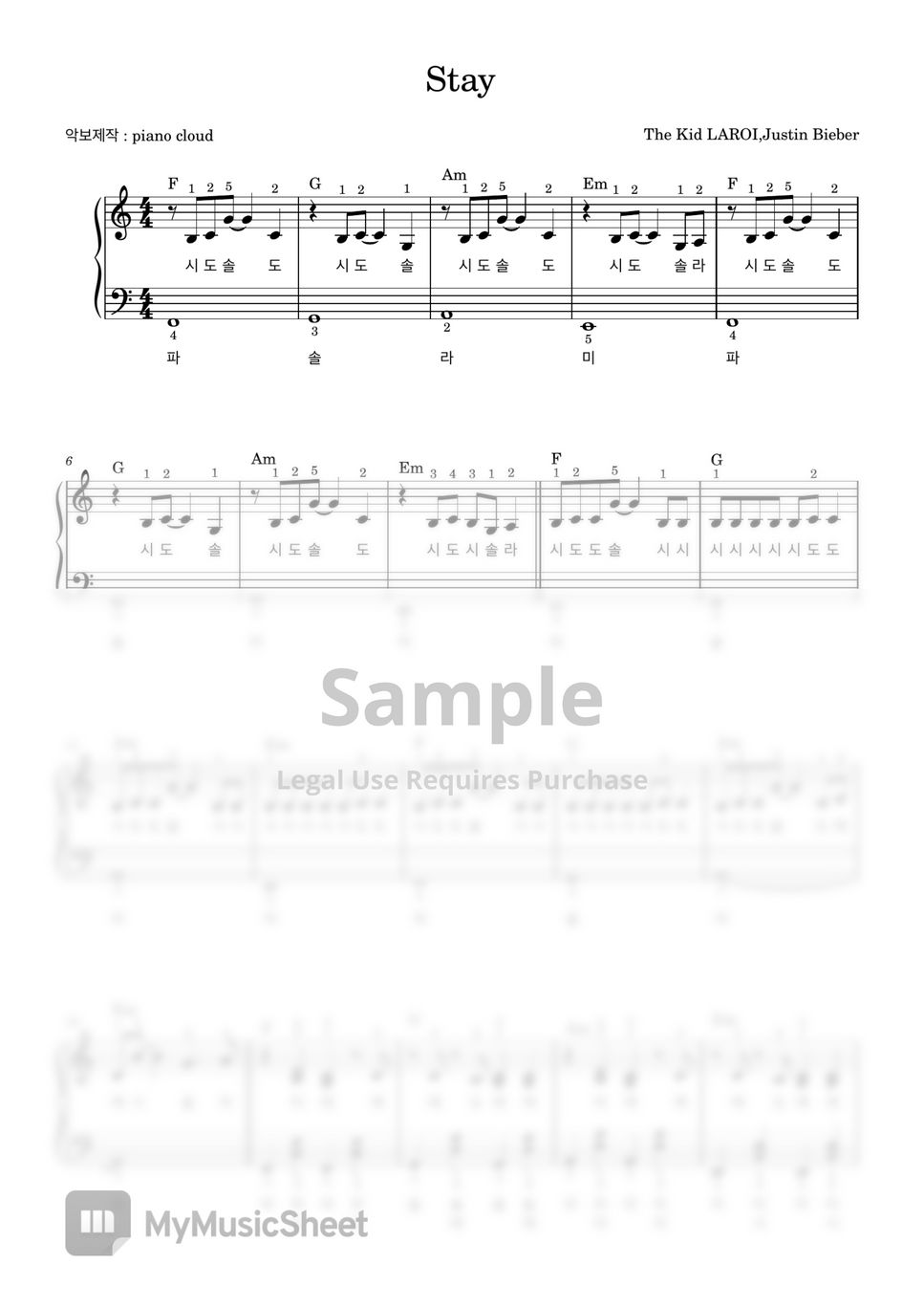 The Kid LAROI, Justin Bieber - STAY (계이름/손가락번호/Ckey) Sheets by 피아노클라우드 ...