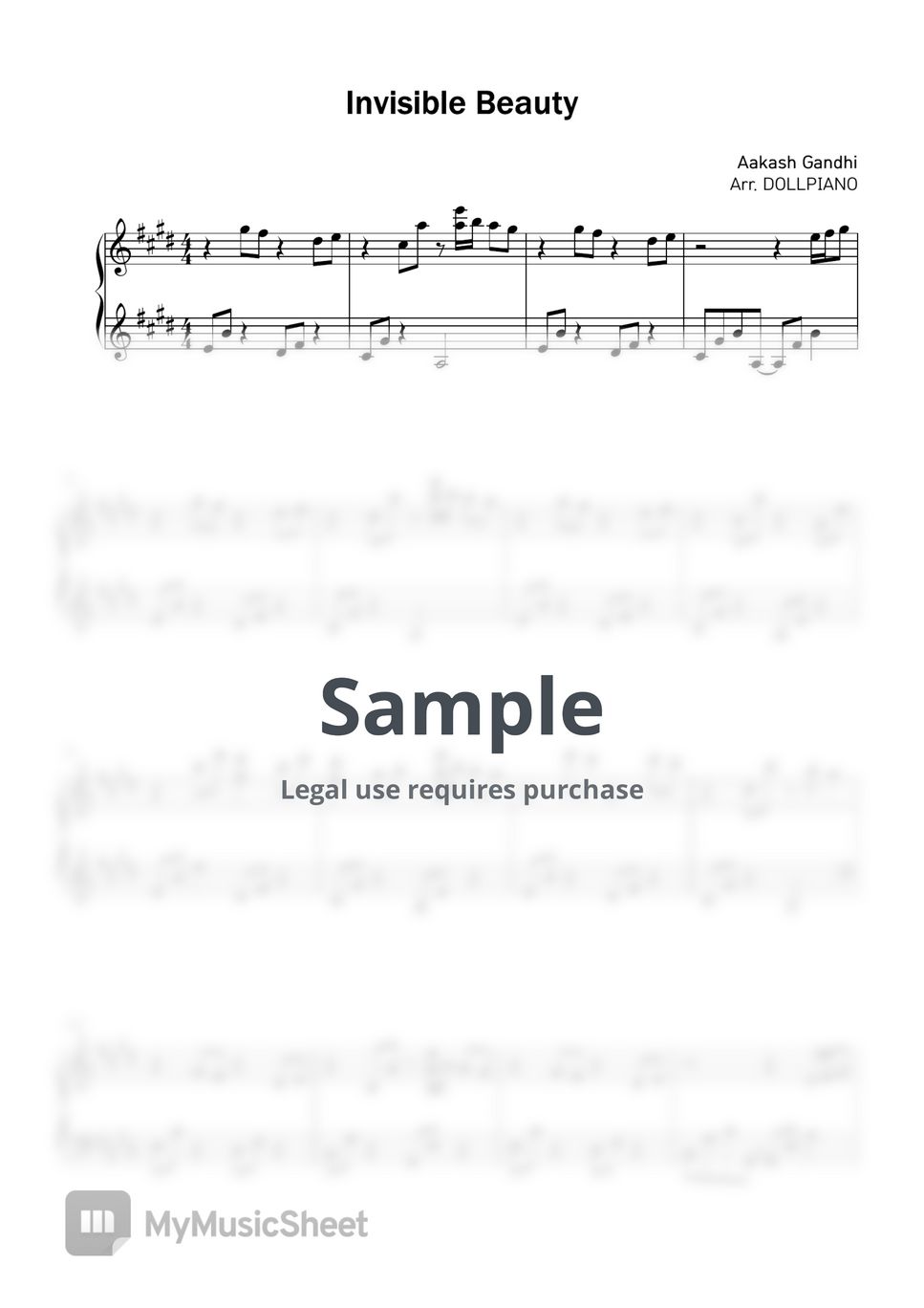 Aakash Gandhi - Invisible Beauty (원곡, 다장조) 乐谱 by DOLLPIANO