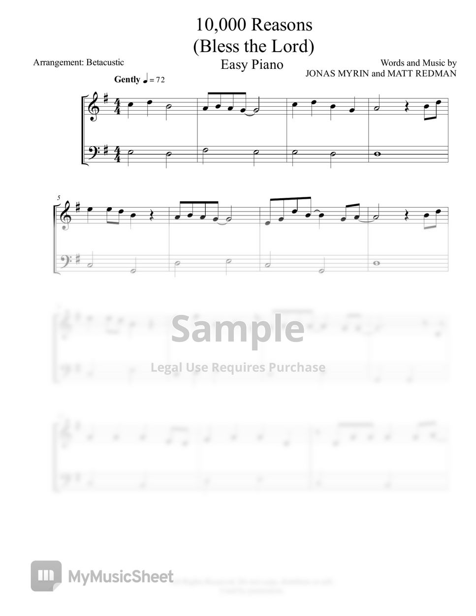 Matt Redman - 10000 Reasons (Easy Piano) 악보 by Betacustic