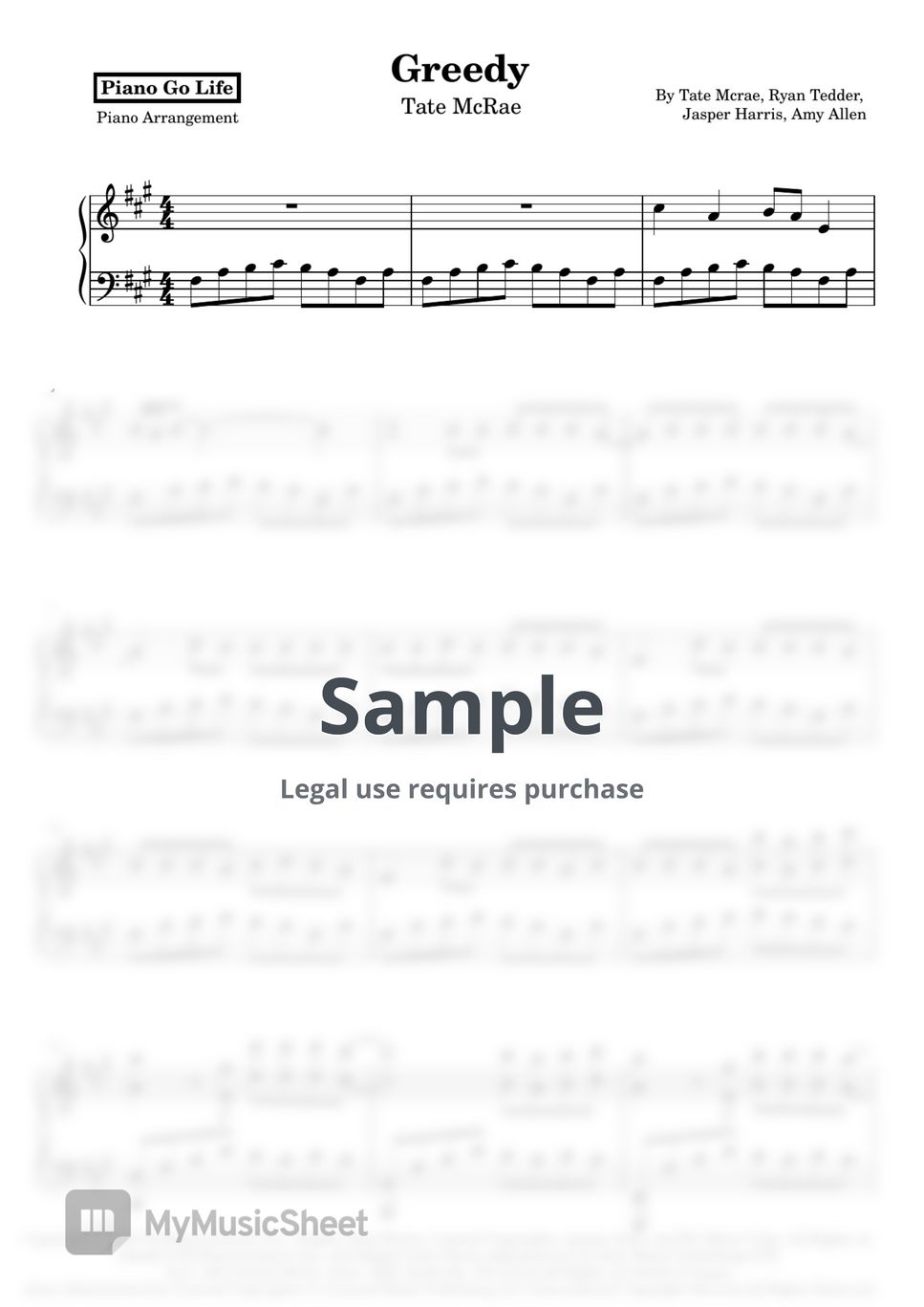 Tate McRae - Greedy Sheet Music by Piano Go Life