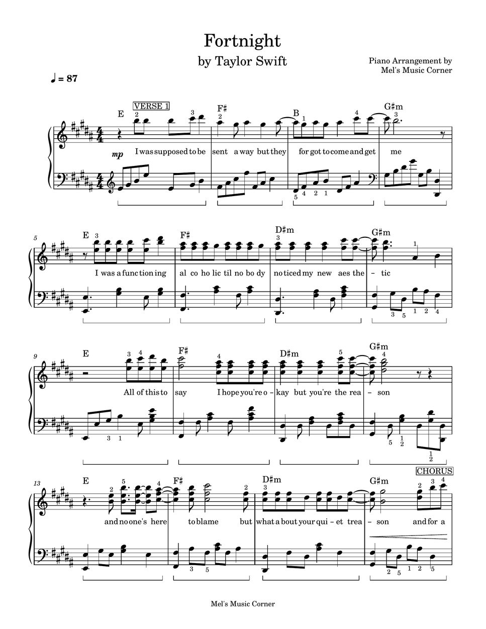 Taylor Swift - Fortnight (piano sheet music) Sheet Music by Mel's Music ...