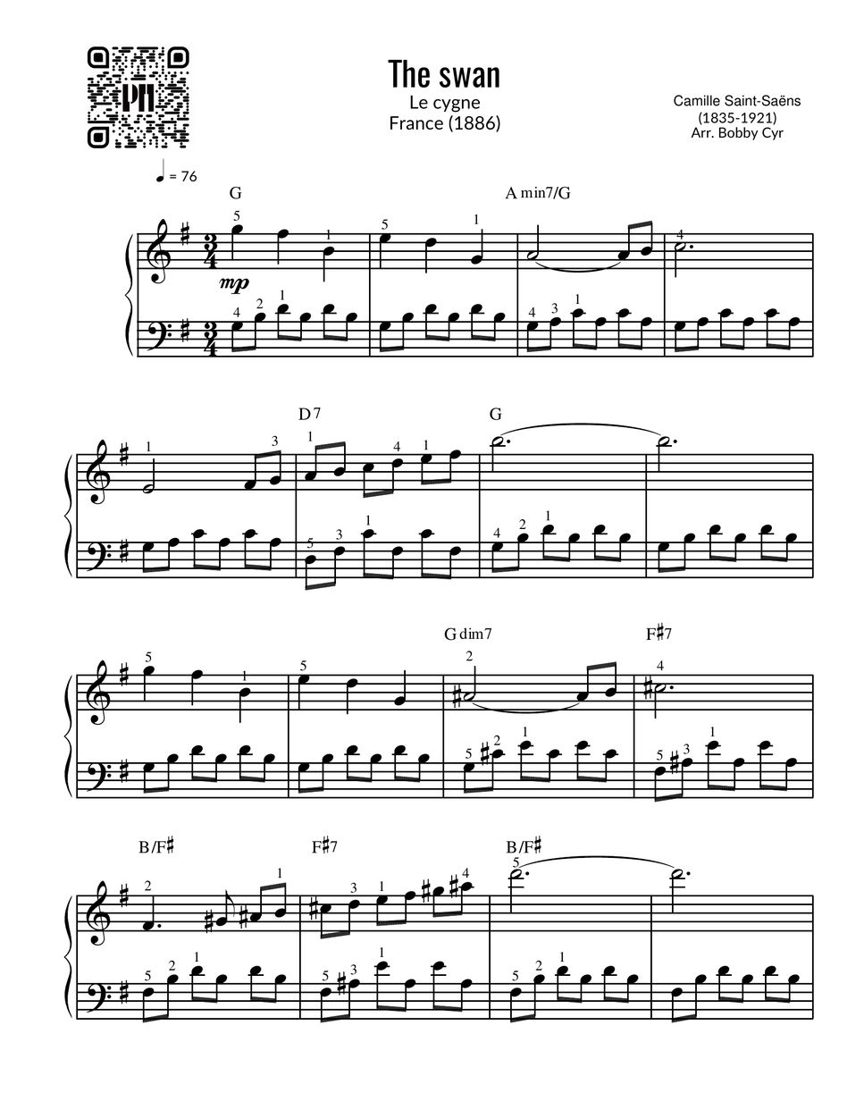 Camille Saint-Saëns - The Swan - Le cygne (Easy Piano) Sheets by Piano Notion