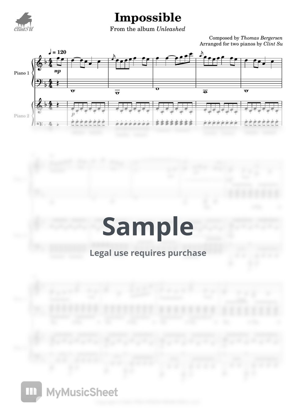 Two Steps From Hell - Impossible (For two pianos) 乐谱 by Clint Su