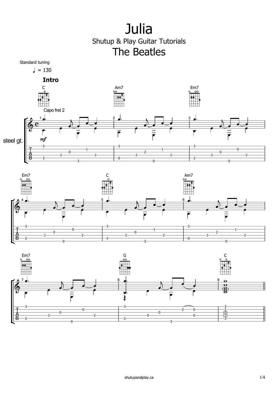 The Beatles Julia Tab 1staff By Shutup And Play Guitar Tutorials