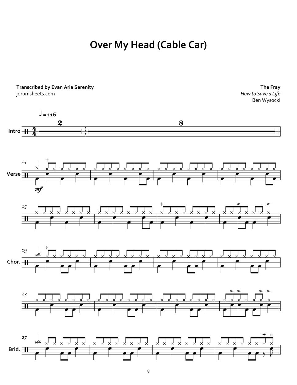 The Fray - Over My Head (Cable Car) 악보 by Evan Aria Serenity