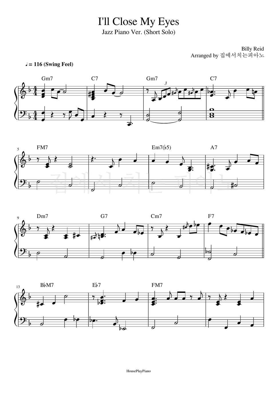 Billy Reid Ill Close My Eyes Short Solo 악보 By 집에서치는피아노