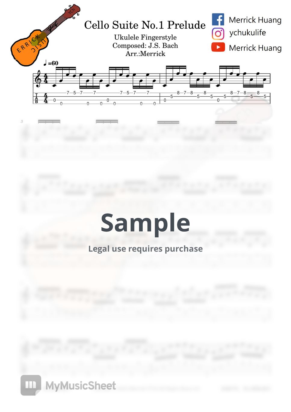 JS Bach - Cello Suite No.1 Prelude BWV 1007 악보 by Merrick