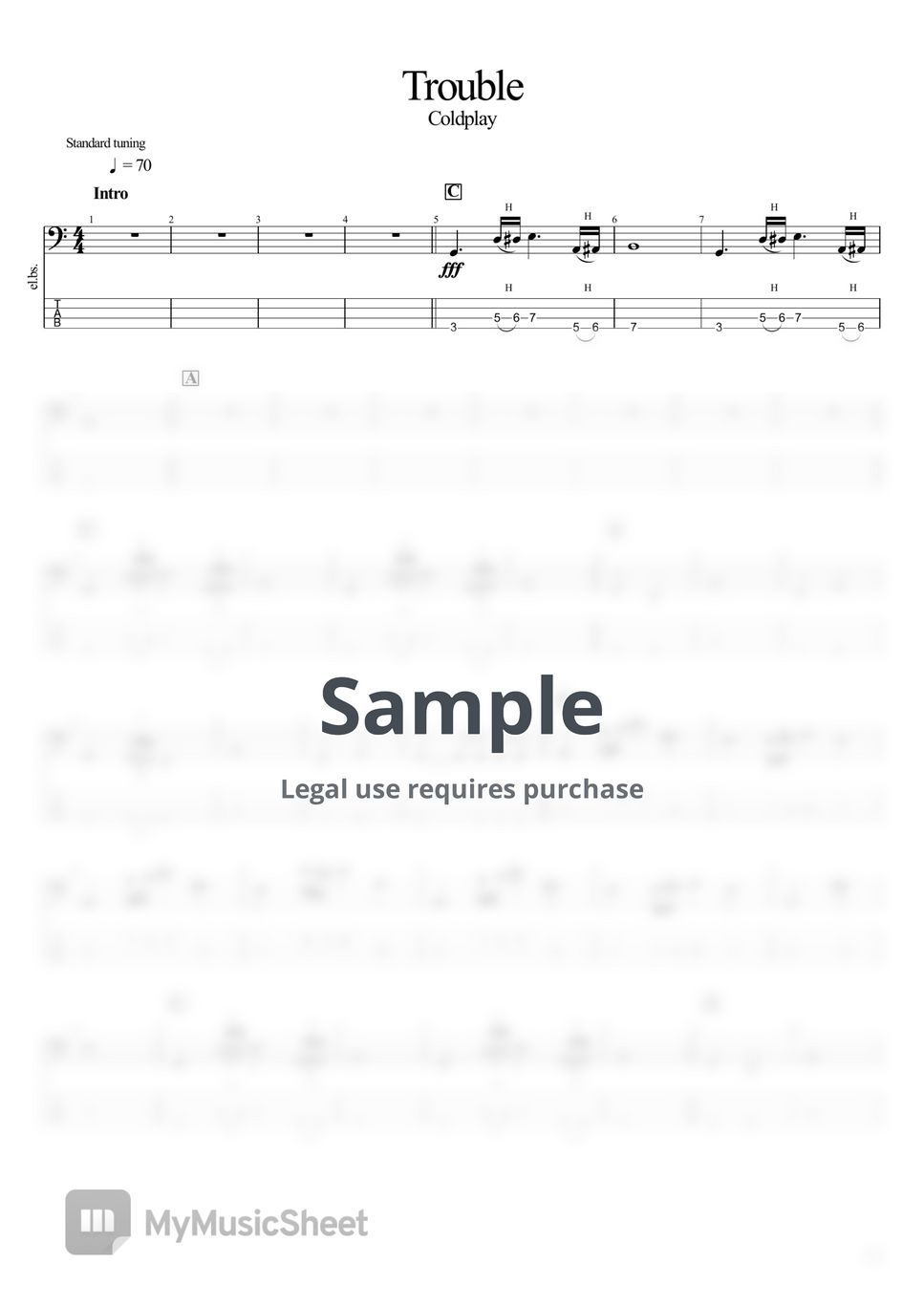 Coldplay - Trouble (베이스 악보 / 타브 포함) Tab + 단선 악보 by BassBlur