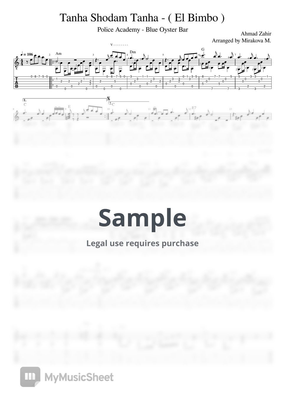 Ahmad Zahir - Tanha Shodam Tanha Tab + 단선 악보 by Marina Mirakova